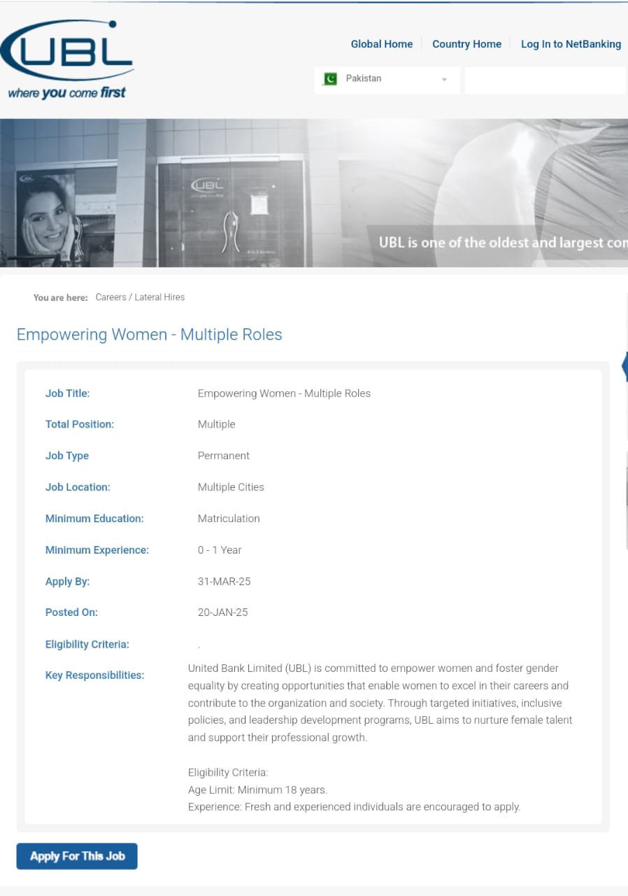 UBL Bank Jobs 2025 for Females of All Pakistan – Latest Jobs Updates